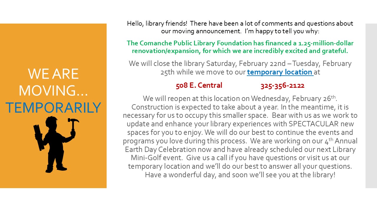 Welcome to Comanche Public Library — Comanche Public Library